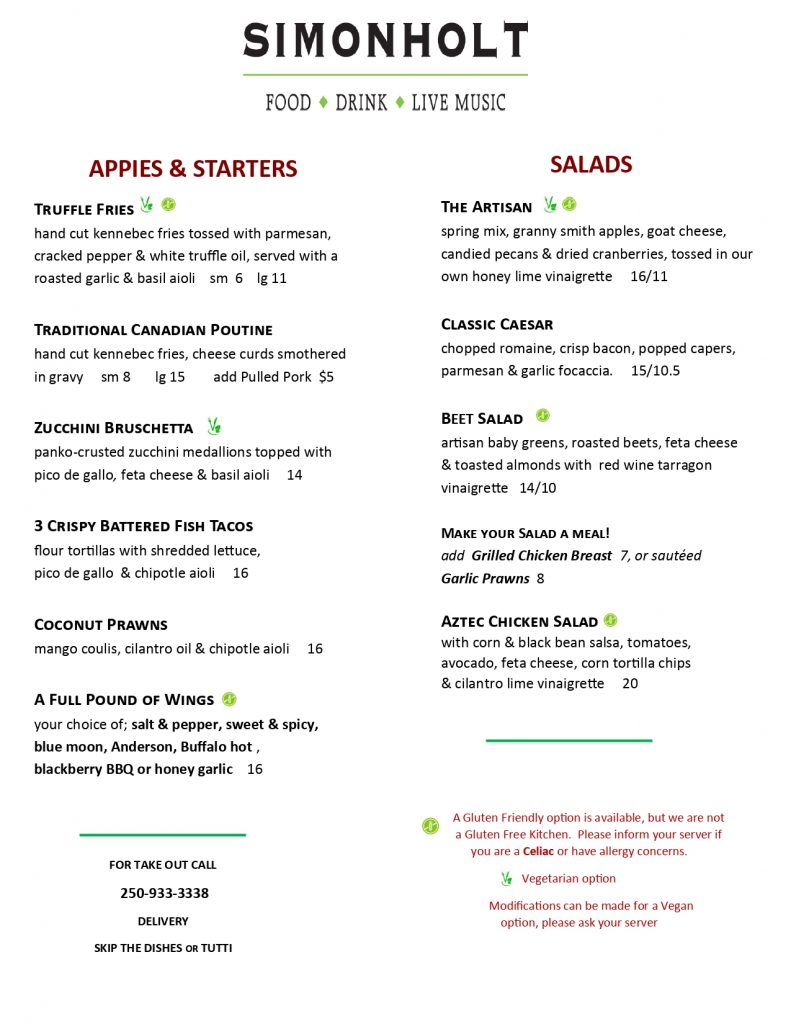 Simon Holt Restaurant Menu | Nanaimo