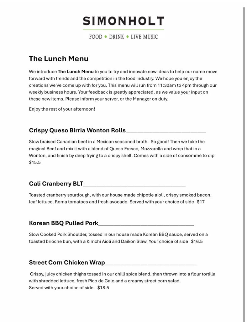Simon Holt Restaurant Menu | Nanaimo